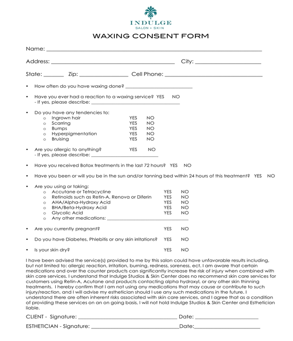 Printable Wax Consent Form - NewFreePrintable.net Printable Wax Consent Form - NewFreePrintable.net